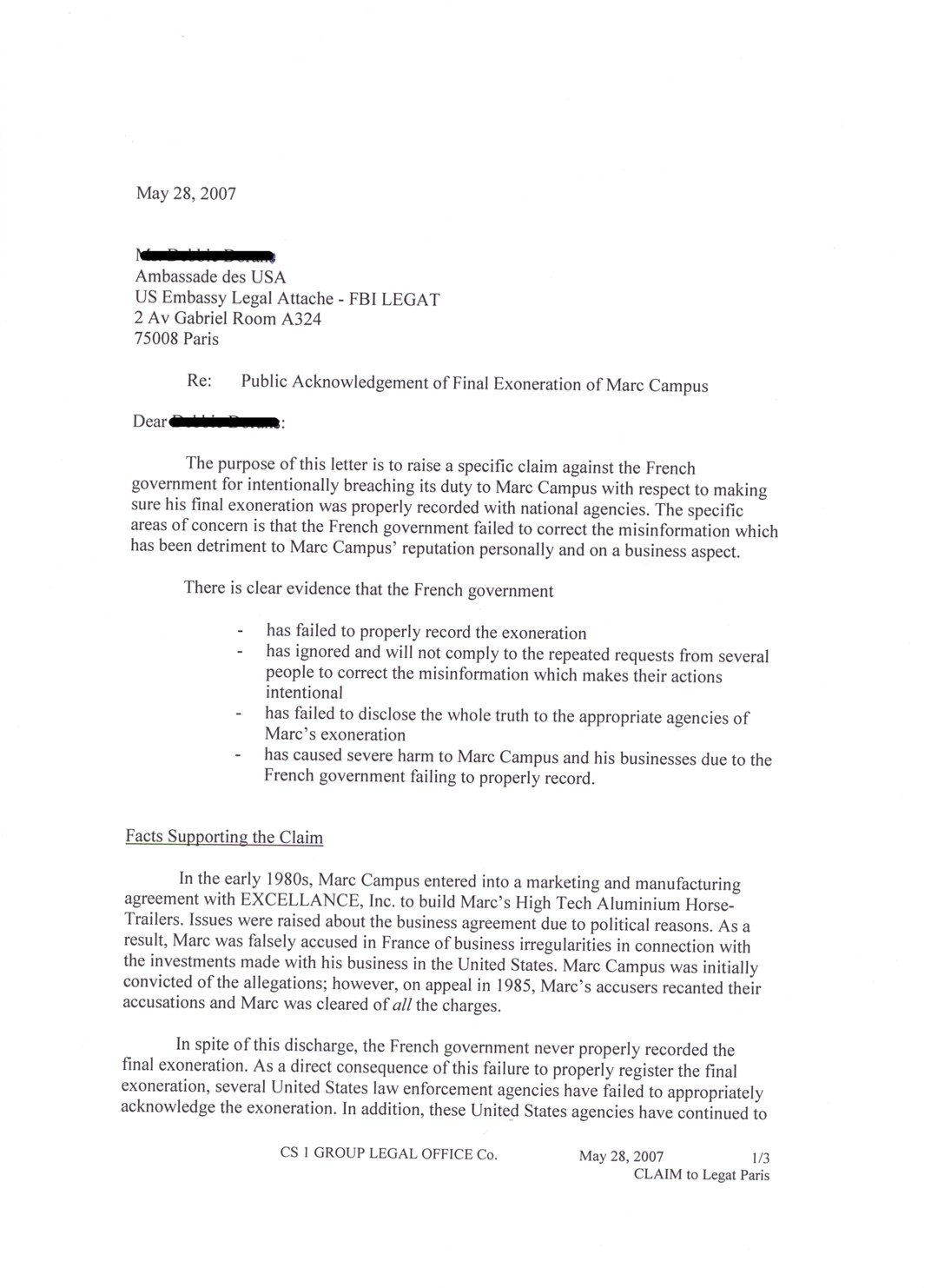 28 May 2007, Formal Claim TO FBI LEGAT vs French Gvt