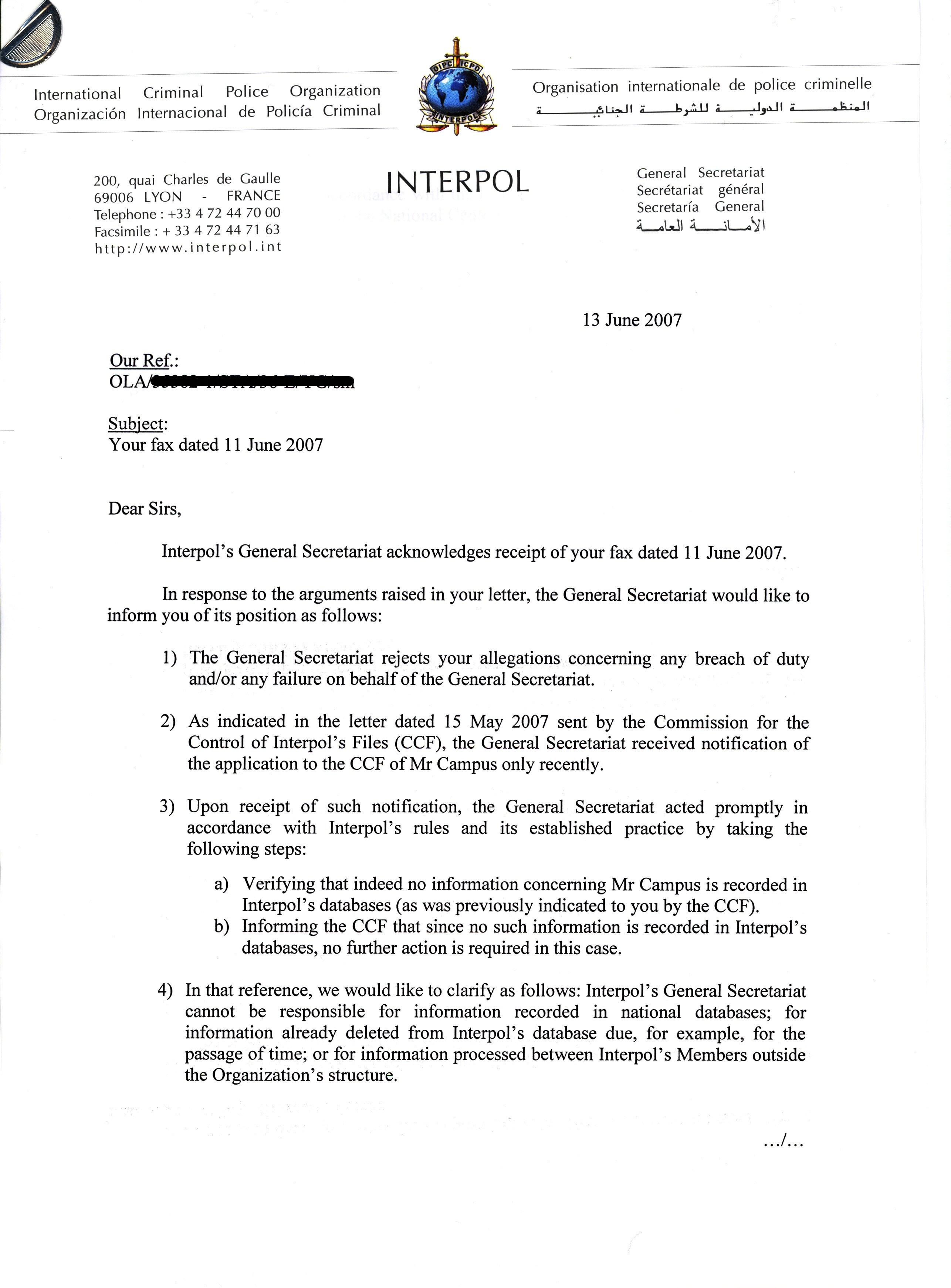 13 June 2007, Response from INTERPOL Office of Legal Affairs