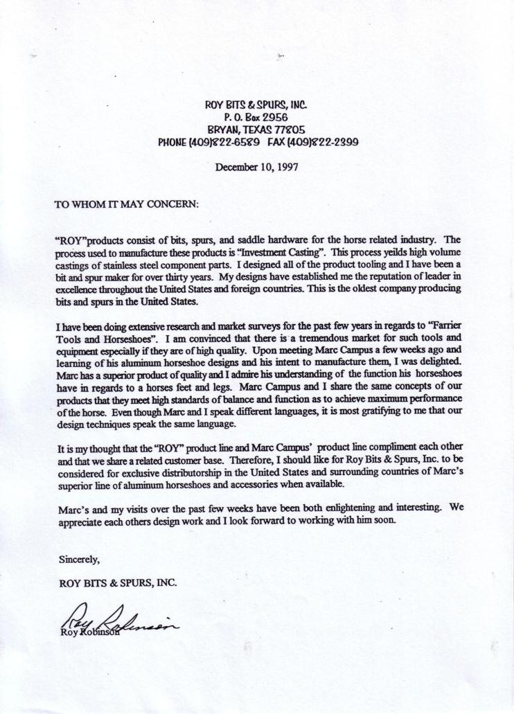 10 December 1997, Roy Bits & Spurs Inc. - Bryan TX